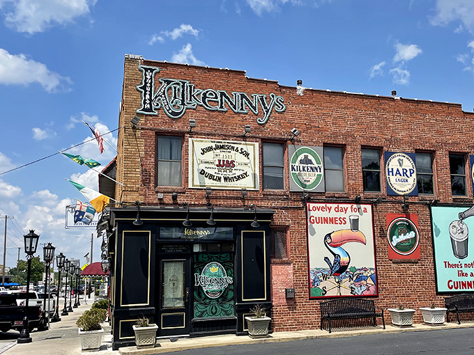 The emerald flags flutter like a Dublin welcome above Kilkenny's façade. At night, the warm glow beckons hungry travelers into this slice of Ireland in Tulsa.