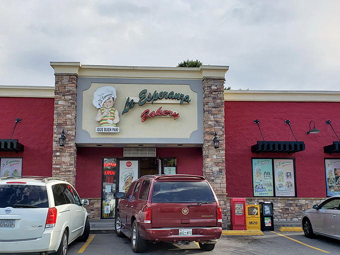 The vibrant pink exterior of La Esperanza Bakery stands out like a delicious dessert itself, beckoning hungry travelers with promises of authentic Mexican treats.