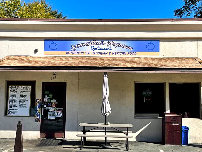 The unassuming blue sign beckons like a culinary lighthouse – proof that the best food often hides in plain sight rather than behind fancy facades. 