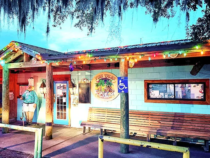 The humble exterior of Fish Tales belies the seafood paradise within. Those string lights aren't just decoration—they're a beacon for hungry souls.