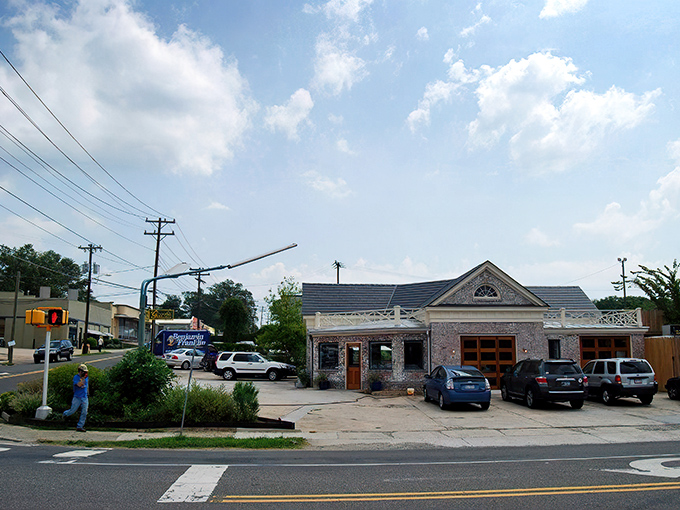 The unassuming brick exterior of Geer Street Garden, a former gas station transformed into Durham's deviled egg headquarters, welcomes visitors with blue flower pots and casual charm.