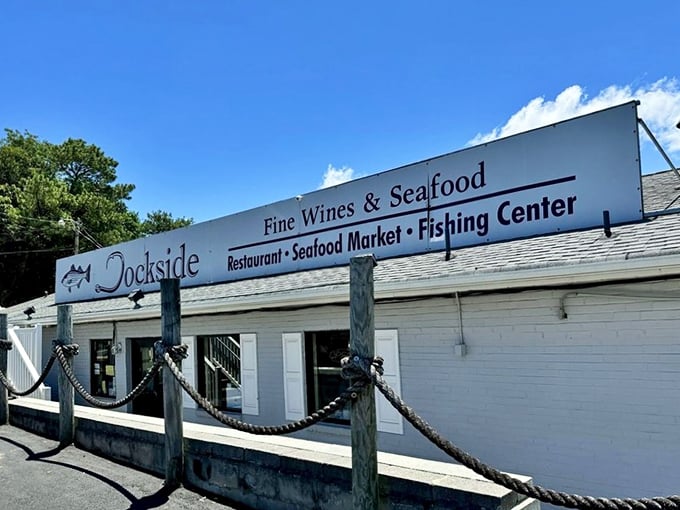 Hoist the sails! The unassuming exterior at Dockside is where seafood dreams come true.