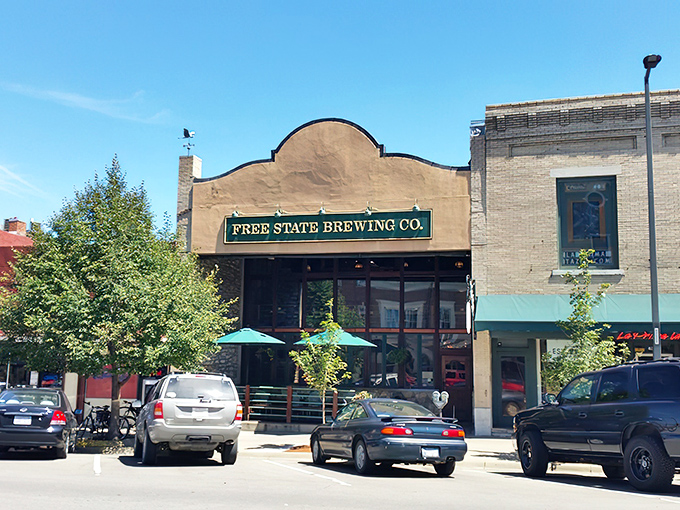The iconic façade of Free State Brewing Company stands proudly on Massachusetts Street, like a beacon calling all hungry travelers home.