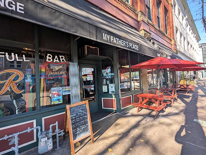 Sunlight catches the vintage storefront of My Father's Place – where Portland's most authentic dive experience awaits with zero pretension and maximum character.