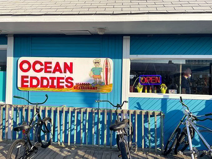 The cheerful blue exterior of Ocean Eddies welcomes seafood lovers like a maritime hug, complete with bicycles parked outside—transportation for locals who know where the good stuff is.
