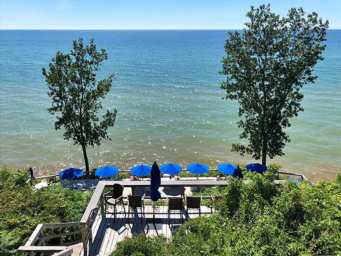 Lake Michigan's fifty shades of blue create the perfect backdrop for contemplation. These deck chairs have witnessed countless sunset conversations and morning coffees.