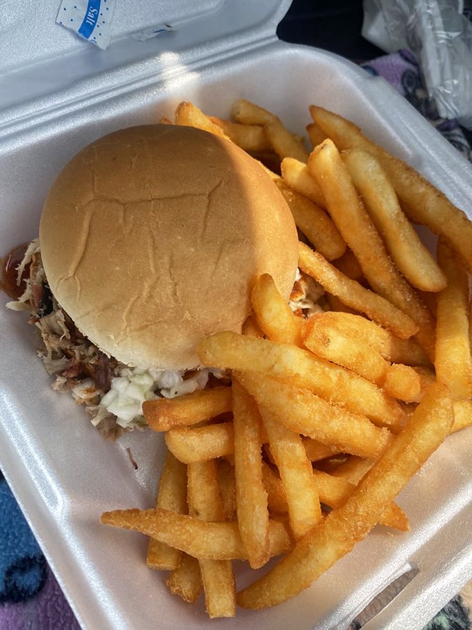 The pulled pork sandwich and fries combo—America's answer to France's coq au vin, just with more napkins required.