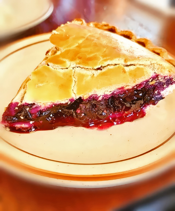 A slice of blueberry pie that doesn't need Instagram filters—that perfect balance of sweet-tart filling and golden crust speaks for itself.