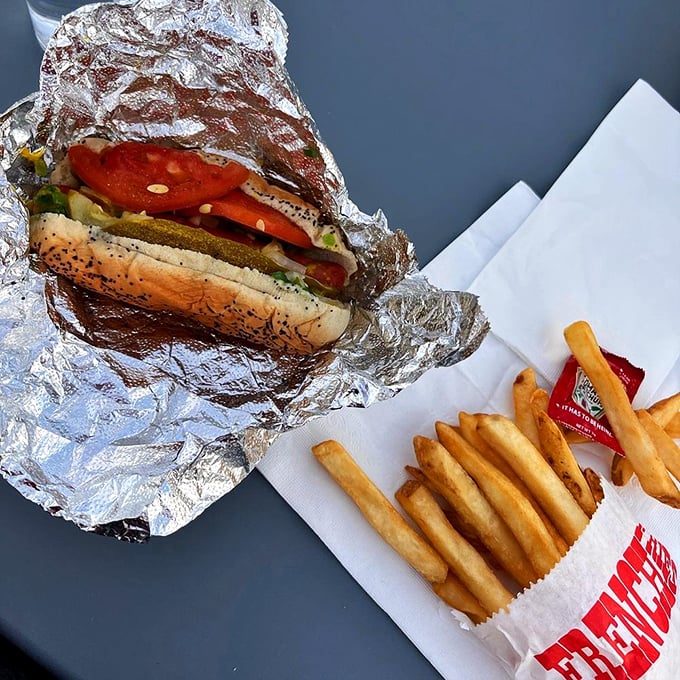 The classic Chicago dog in all its glory—a symphony of toppings on that distinctive poppy seed bun, with fries playing backup.