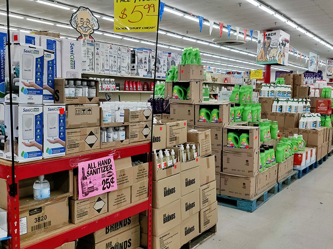 Cleaning supplies stacked to the ceiling—like a fortress built to defend your home against grime while protecting your bank account.