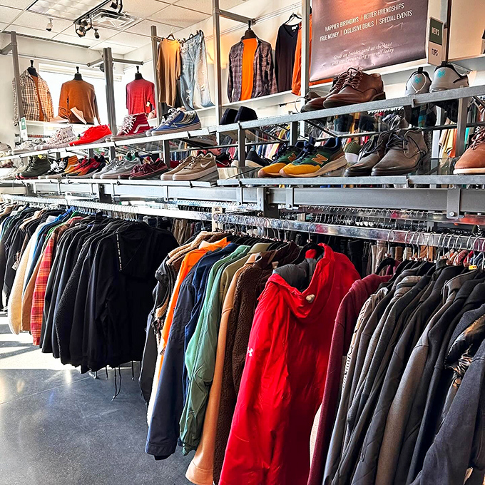 The shoe and jacket section—where outdoor enthusiasts find gear without emptying their adventure fund. Idaho winters demand quality at reasonable prices.