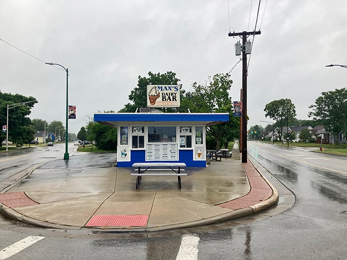 Max's Dairy Bar stands ready for summer crowds—a blue-and-white testament to the enduring appeal of soft-serve on a hot Ohio afternoon.