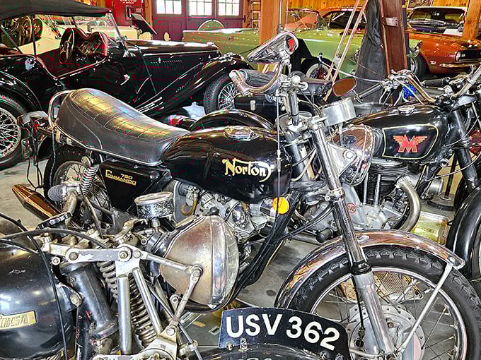 The museum's motorcycle collection features legendary brands like Norton, proving that two-wheeled treasures deserve the same reverence as their four-wheeled cousins.