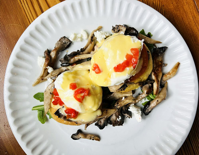 This mushroom benedict proves that vegetarians aren't missing out—earthy fungi and silky hollandaise create a meat-free masterpiece worth waking up for.