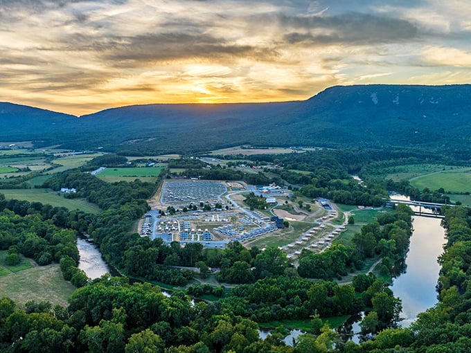 The Shenandoah River curves gently around farmland that hasn't changed much since Washington surveyed these valleys centuries ago.