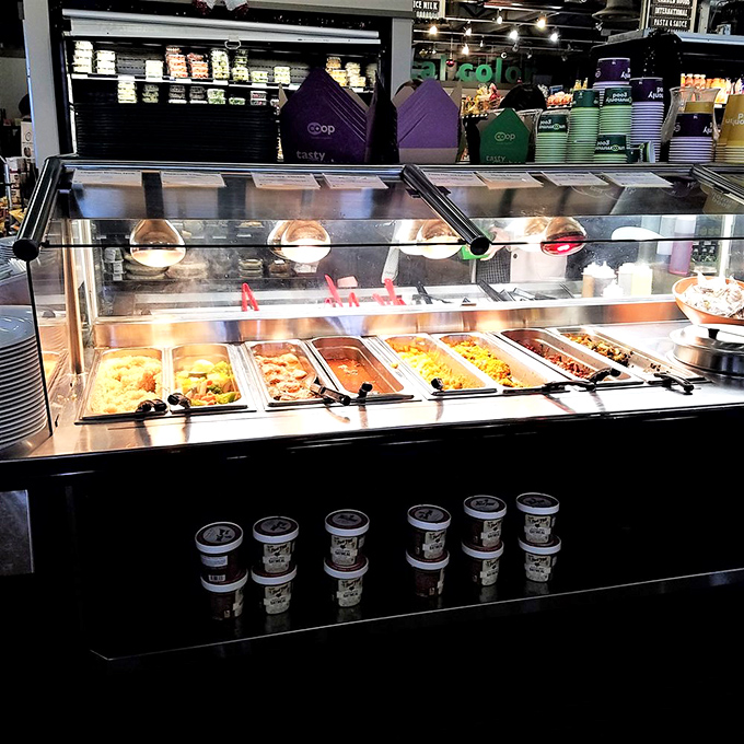 The hot bar—where "I'll just have a small lunch" turns into a sample-everything expedition across multiple cuisines. Resistance is futile.