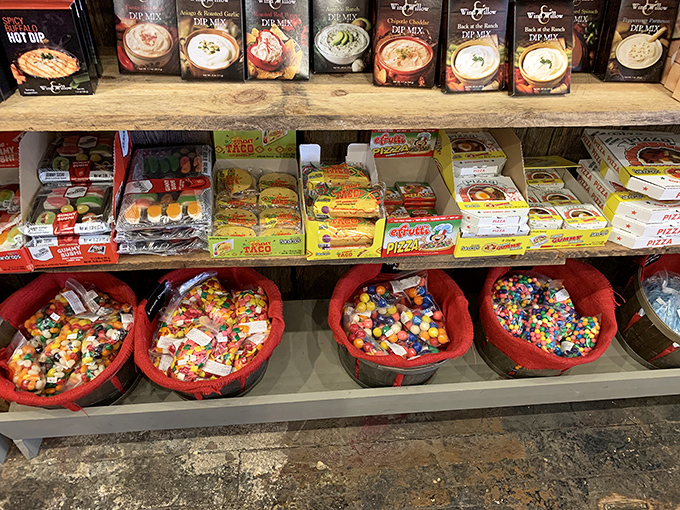 A rainbow of sweets in humble harvest baskets – proving that sometimes the most delightful treasures come in the simplest packaging.
