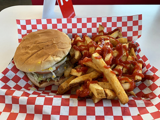 This isn't just a burger and fries – it's edible architecture, a masterpiece of balance between beef, bun, and hand-cut potatoes.