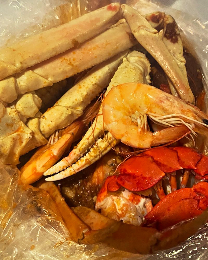 The seafood medley in its natural habitat—a clear plastic bag. Like a delicious aquarium where everything is perfectly seasoned.