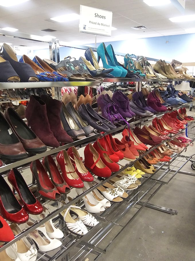 A technicolor parade of footwear proves that Cinderella could have had multiple glass slippers on a thrift store budget.