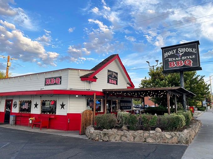 Holy Smoke's Texas-inspired facade stands proudly against the Eastern Sierra backdrop, a delicious culture clash that works beautifully.