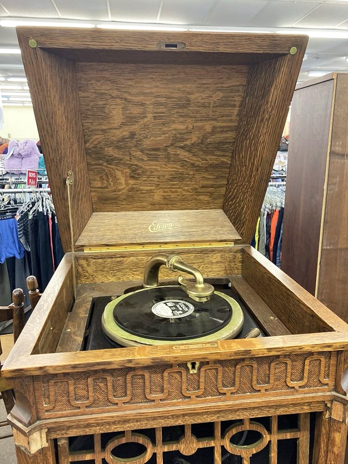 Before Spotify, this wooden Edison beauty filled homes with music. Wind it up and transport yourself to a simpler, crackly-sounding era.