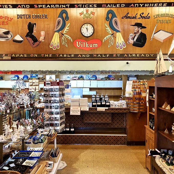 Folk art adorns the walls above shelves of souvenirs, where whimsical paintings of Amish life remind you that "Wilkum" means welcome—and pie.