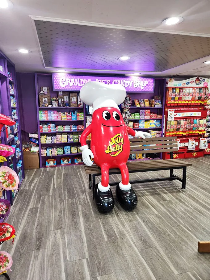 Meet the Jelly Belly mascot, dressed for success and ready for cuddles. He's the unofficial mayor of this sugar municipality.
