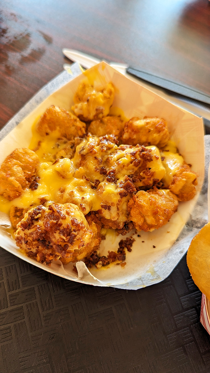 Tater tots smothered in cheese and bacon bits – the dish that makes sharing both necessary and nearly impossible.