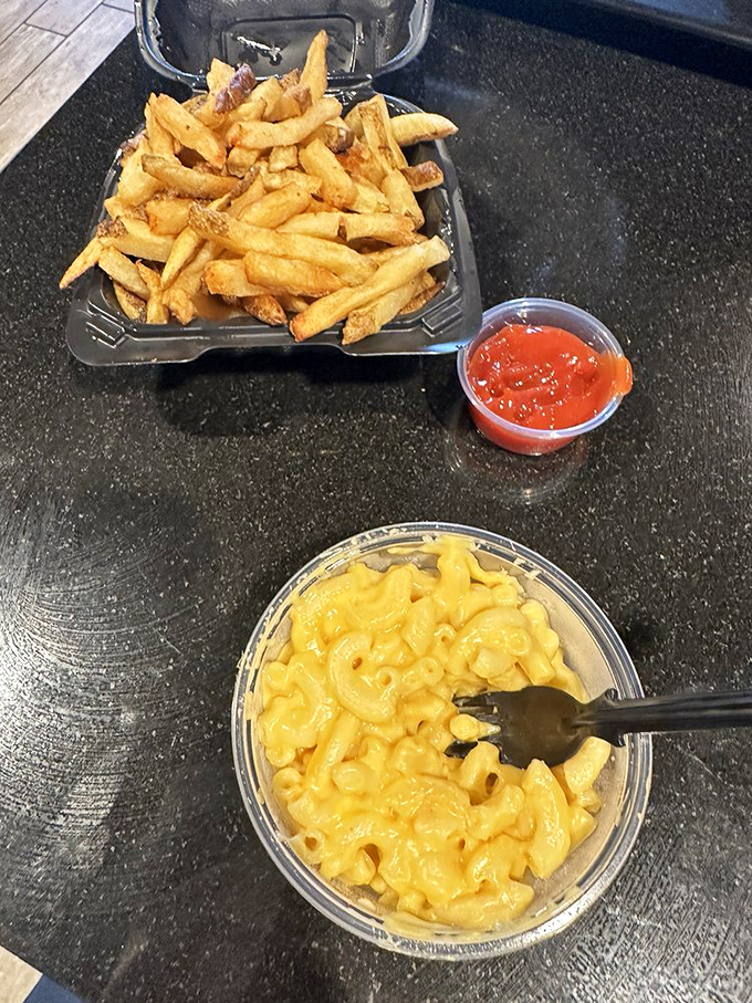 Mac and cheese that achieves that perfect balance of creamy and sharp, with fries that could stand alone as a meal.