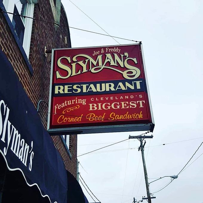 The sign promises Cleveland's biggest corned beef sandwich – a bold claim that Slyman's backs up with mountainous evidence.