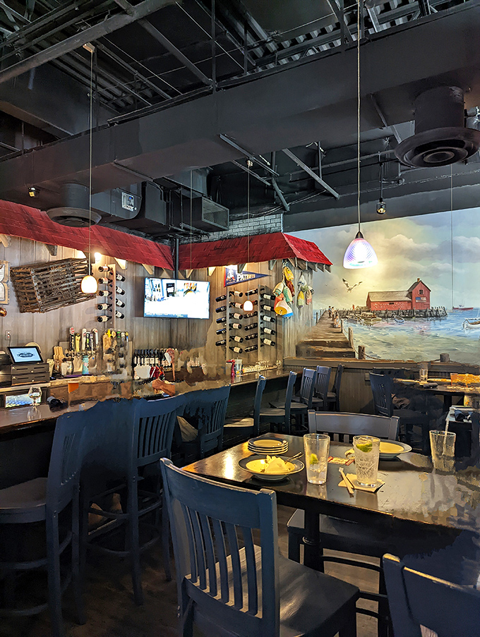 The bar area feels like the captain's quarters of a stylish fishing vessel. Maritime murals and pendant lights create the perfect seafood sanctuary. 