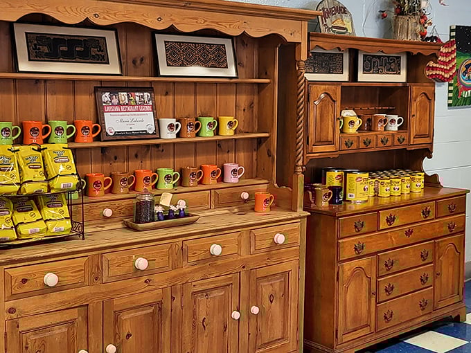 Colorful mugs line antique wooden shelves – silent witnesses to decades of morning conversations and "just one more cup" decisions.