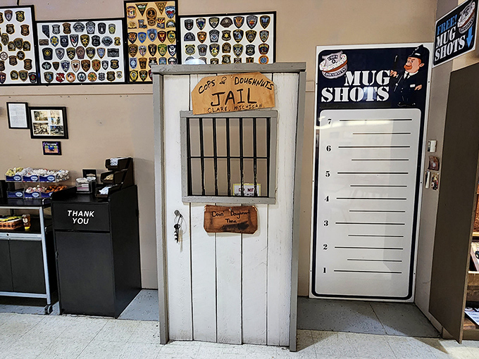 The "Jail" photo op perfectly captures the establishment's playful spirit. Crime scene: death by chocolate donut.
