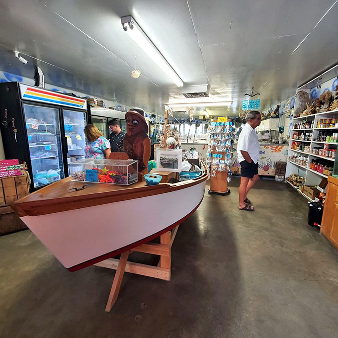 Part seafood market, part nautical gift shop, all Florida. That boat display has probably heard all the fish stories.