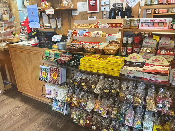Temptation lined up in neat rows—maple goodies, pancake mixes, and sweet treats calling your name. Resistance is deliciously futile.
