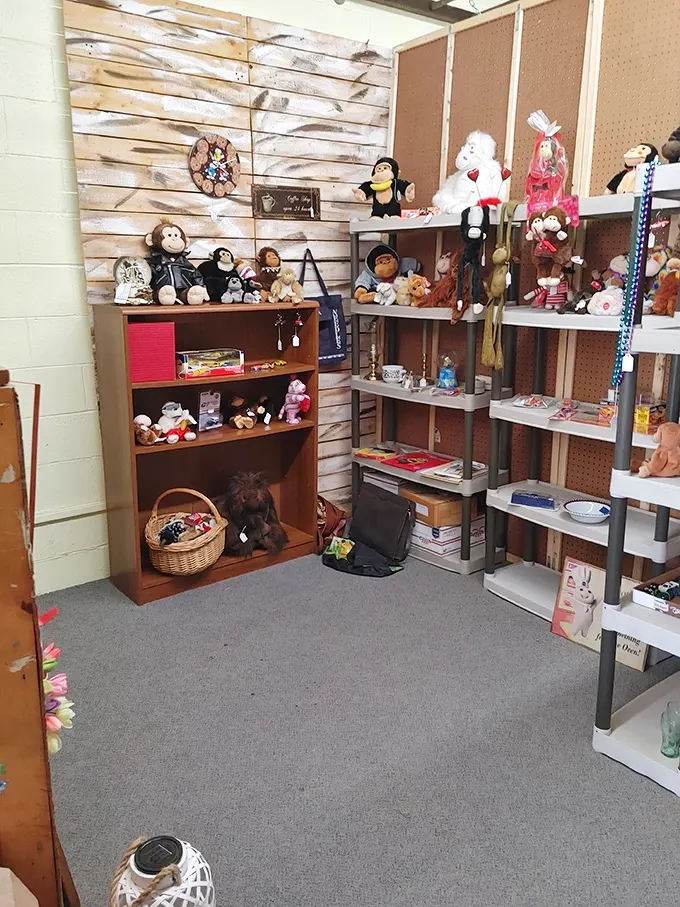 A menagerie of stuffed companions waits patiently against rustic wood paneling, ready for second chances and new adventures.