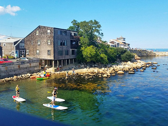 Paddleboarders and kayakers explore Rockport's shoreline, proving the best way to know a coastal town is from the water looking back.