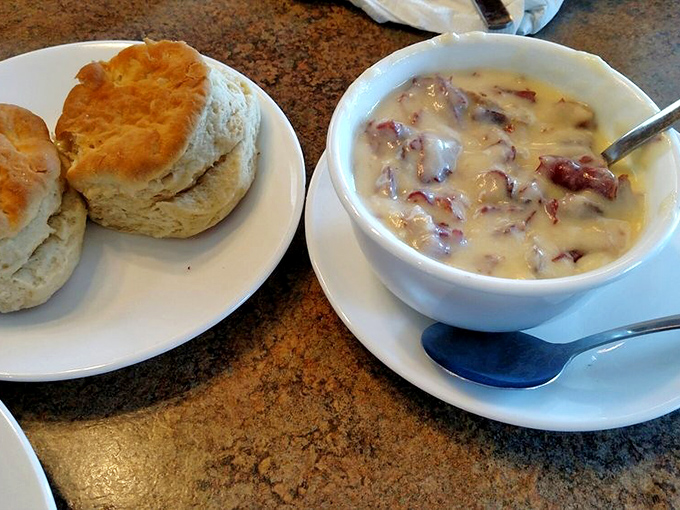 Biscuits and chipped beef gravy—what the military called SOS, but at Smyrna Diner, it's a creamy, savory masterpiece worth saluting.