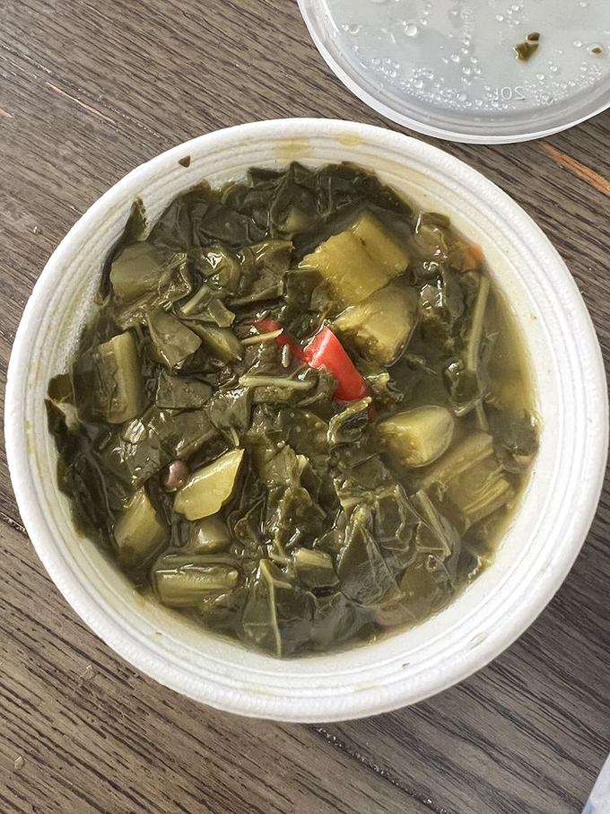 These collard greens have clearly lived a good life – swimming in pot liquor that could cure whatever ails you.