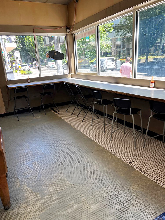 Simple counter seating with a view to the street—a front-row spot to enjoy your sandwich while watching downtown Seattle hustle by.