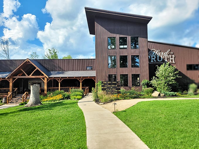 Hard Truth Distilling Co. looks like what would happen if a luxury cabin and a craft distillery had an architectural love child.