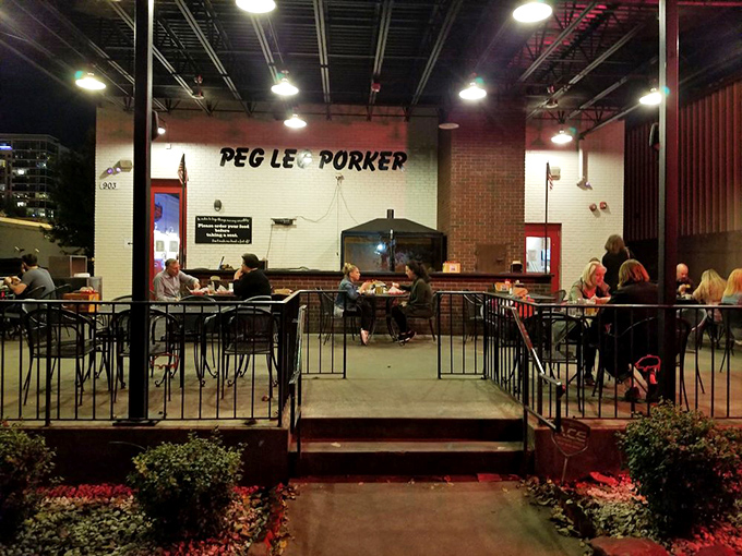 Evening at Peg Leg Porker's patio—where Nashville nights are perfumed with the sweet scent of smoking meat.