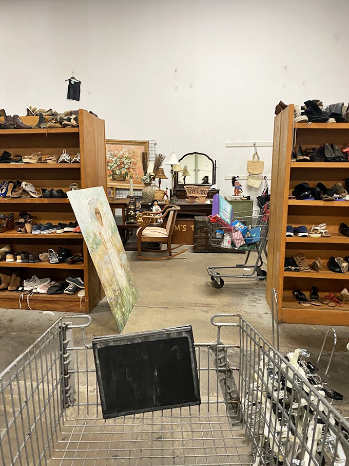 The shoe section—where practical meets whimsical. Your next favorite pair is hiding between barely-worn loafers and vintage boots.