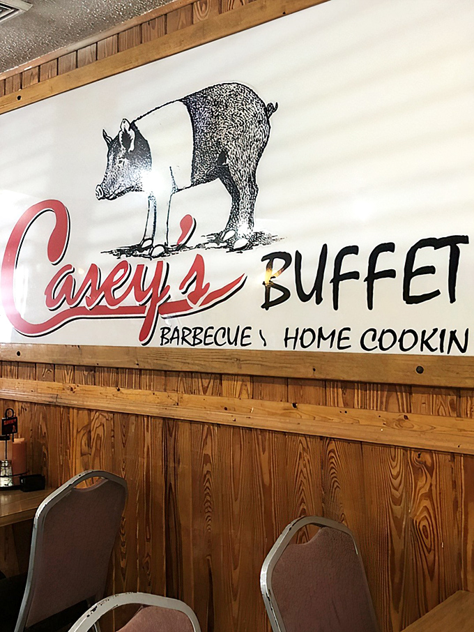 The Casey's Buffet sign promises exactly what awaits inside: barbecue and home cooking without pretense or apology.
