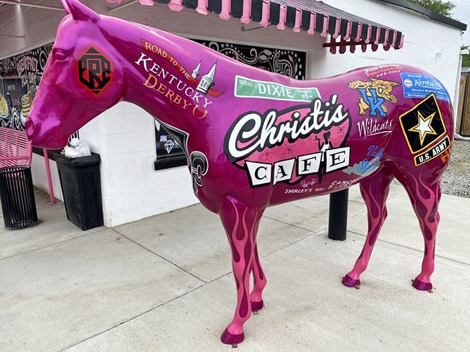 Outside stands the pink derby horse statue, proving that in Louisville, even the décor understands that life's too short for beige.