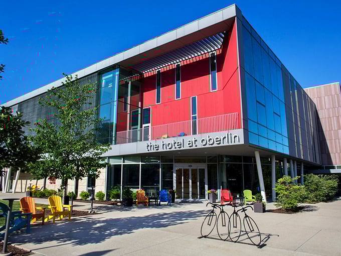The Hotel at Oberlin brings contemporary flair to this historic town. Those colorful chairs out front practically shout, "Sit down, relax, and watch the world go by!"