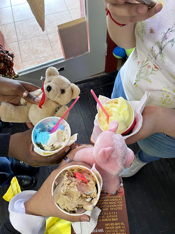 Ice cream social, teddy bear style. These frozen treats come with plush companions, proving dessert is always better with friends—even stuffed ones.