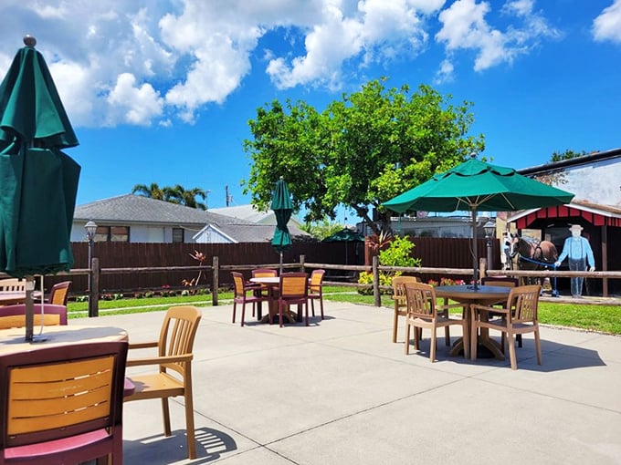 Florida sunshine and Amish cooking collide on this outdoor patio—a perfect spot for enjoying pie while watching the world go by.