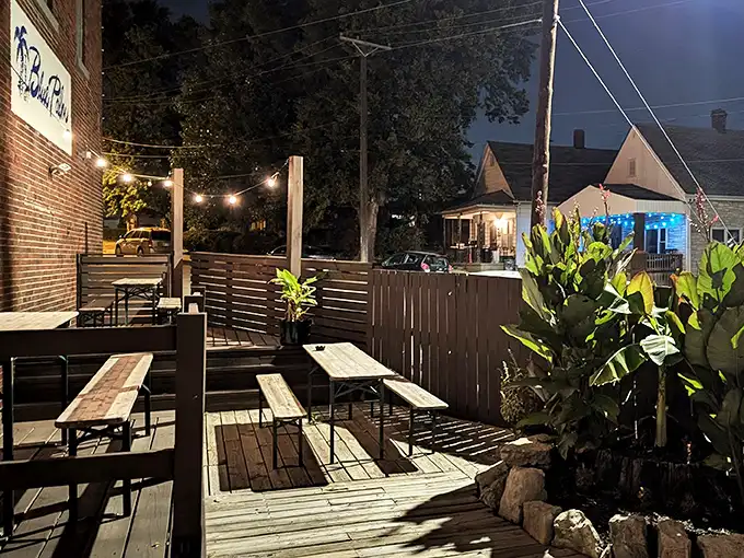 The patio offers a breath of fresh air and string lights – perfect for sipping something tropical while still technically in the Midwest.